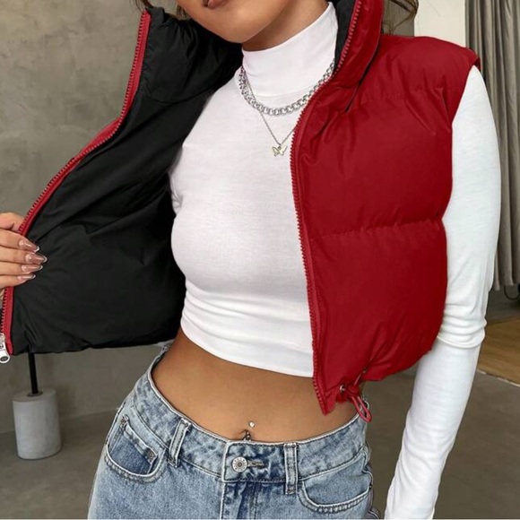 Jackets & Coats | Red Zip Up Reversible Drawstring Puffer Vest | Poshmark